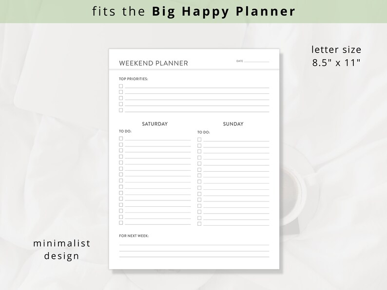 Minimalist Weekend Planner PDF Template for Saturday & Sunday ...