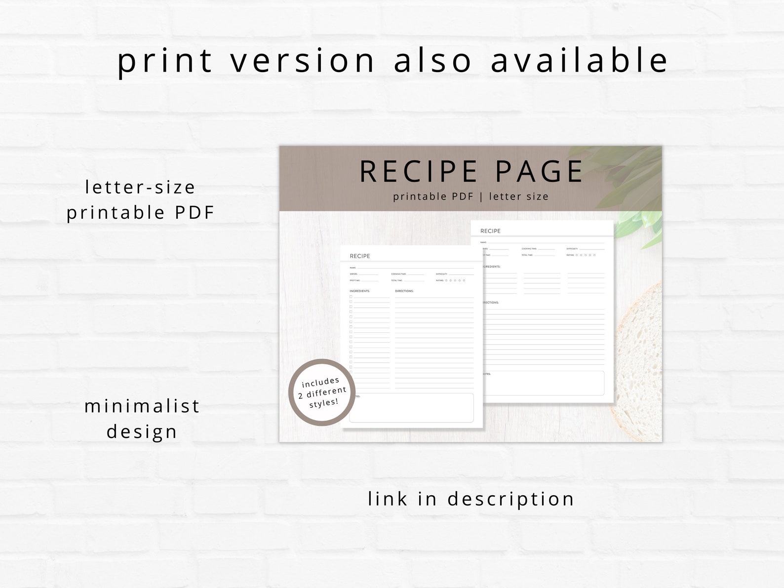 Minimalist Digital Recipe Page for DIY Cookbook and Recipe Binder ...