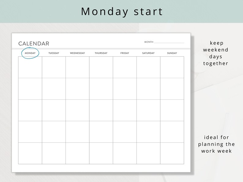 Minimalist Blank Monthly Desk Calendar PDF With Sunday or Monday Start ...