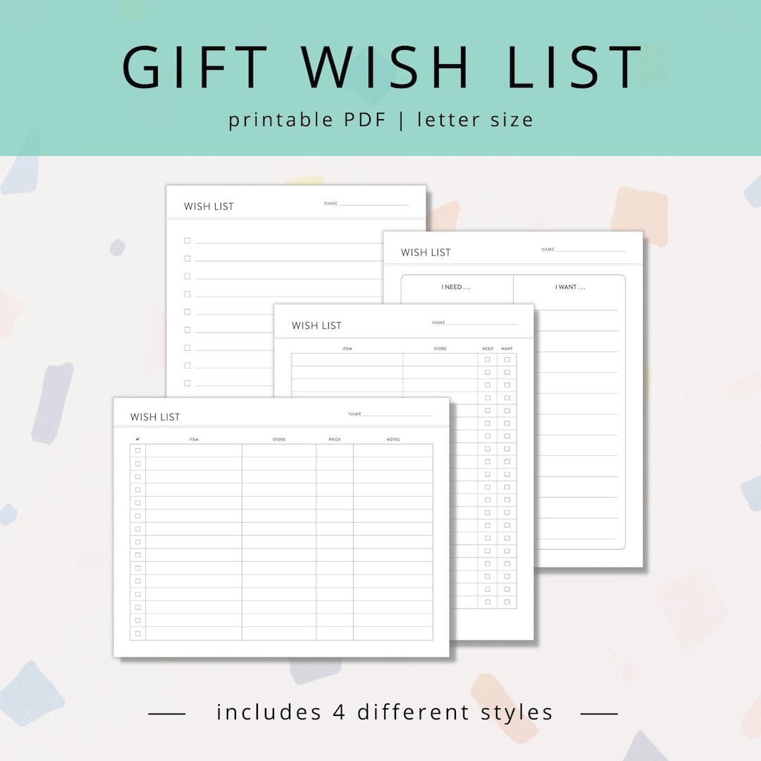 Minimalist Wish List PDF for Gift Giving, Printable Shopping List for ...