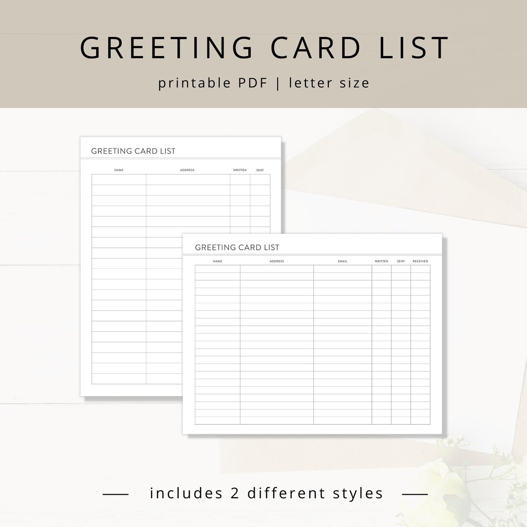 Minimalist Greeting Card Tracker PDF for Personal Contact Management ...