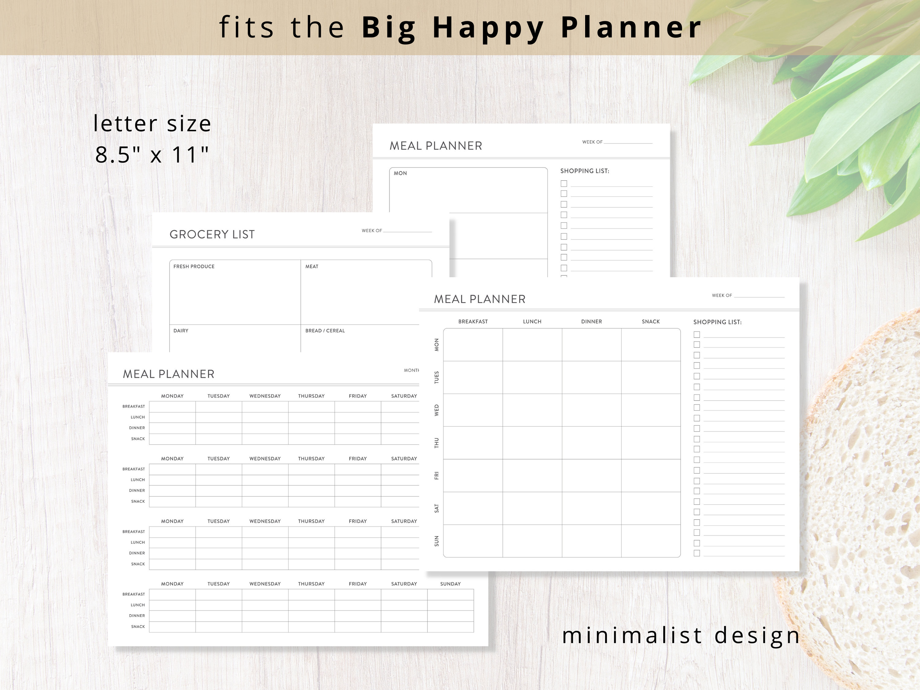 Minimalist Meal Planner Bundle PDF, Includes Grocery List for Menu and ...