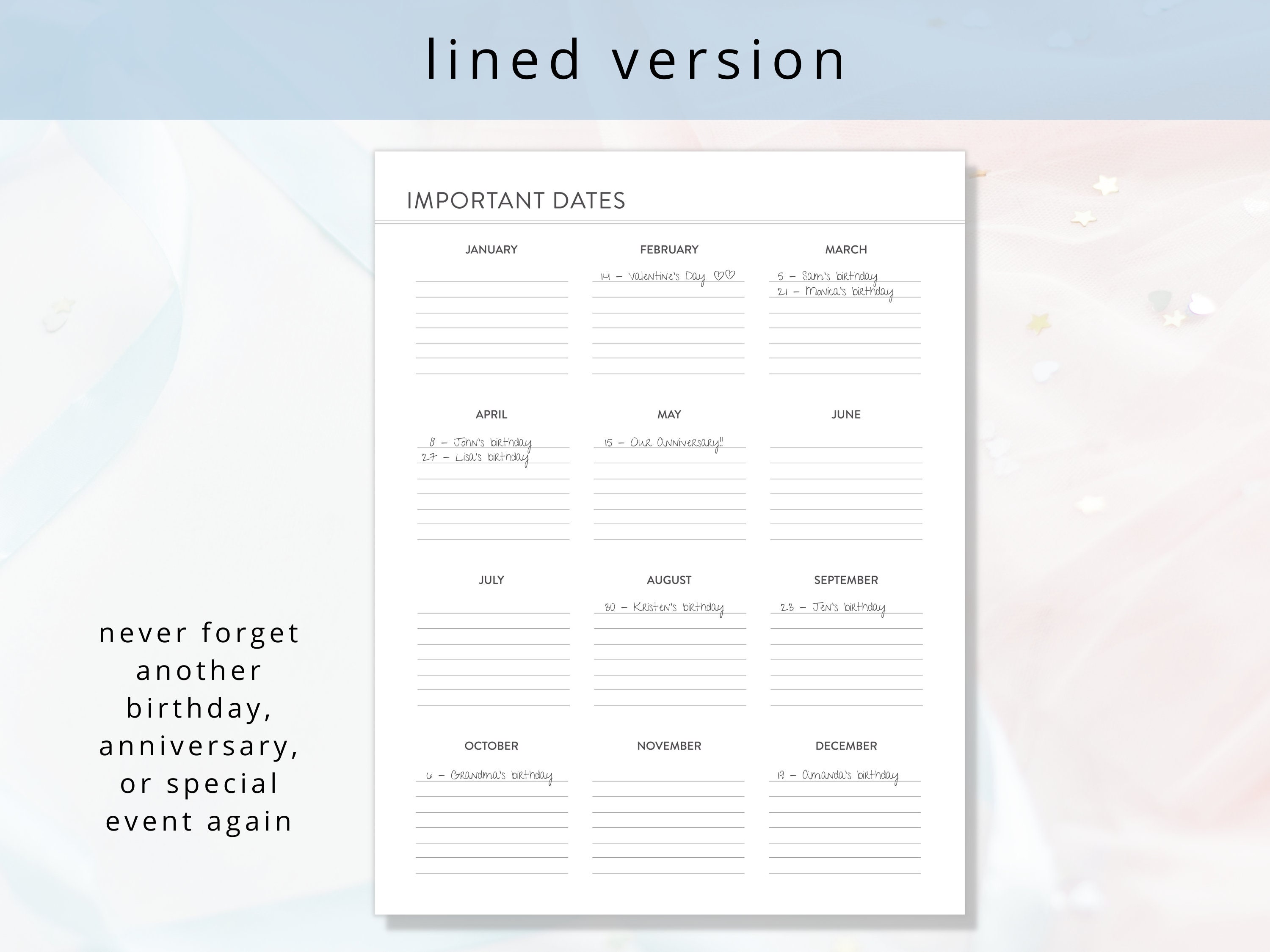 Minimalist Birthday Calendar PDF Template for Remembering Important ...