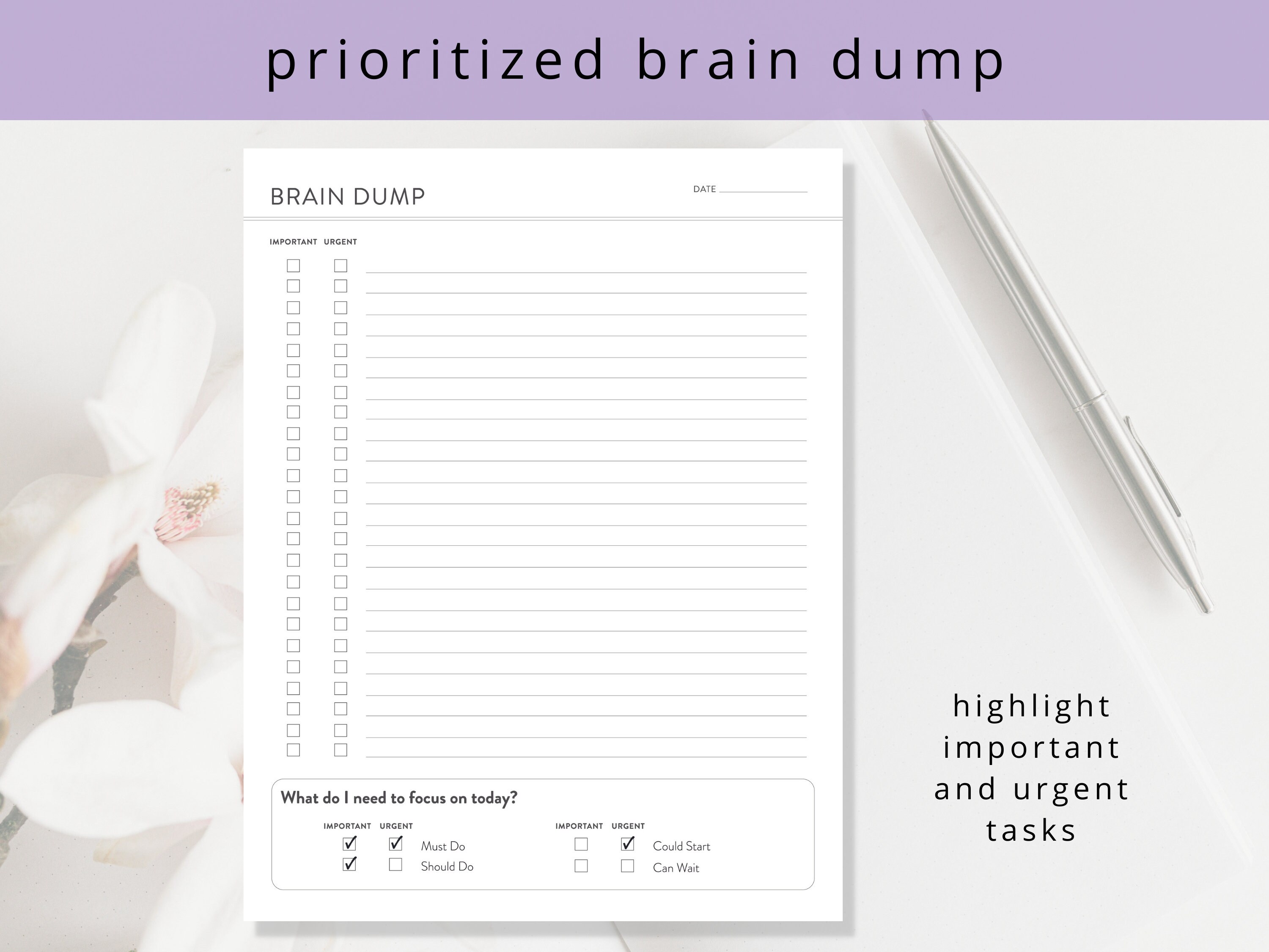 Minimalist Brain Dump PDF Template With Eisenhower Matrix - Etsy
