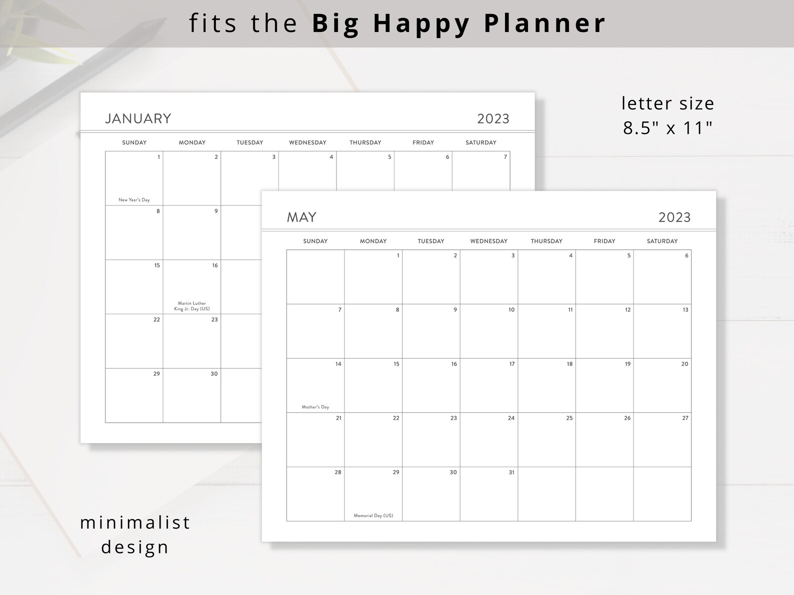 2023 Minimalist Desk Calendar PDF With US Public Holidays -- Sunday ...