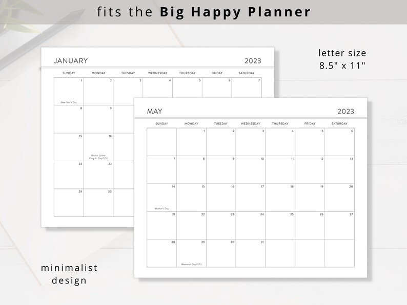 2023 Minimalist Desk Calendar PDF With US Public Holidays -- Sunday ...