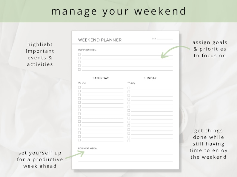 Minimalist Weekend Planner PDF Template for Saturday & Sunday ...