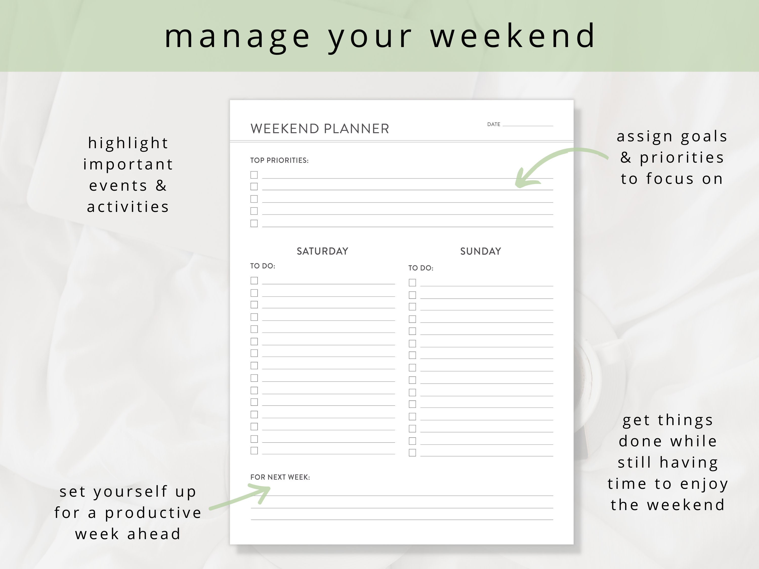 Minimalist Weekend Planner PDF Template for Saturday & Sunday ...