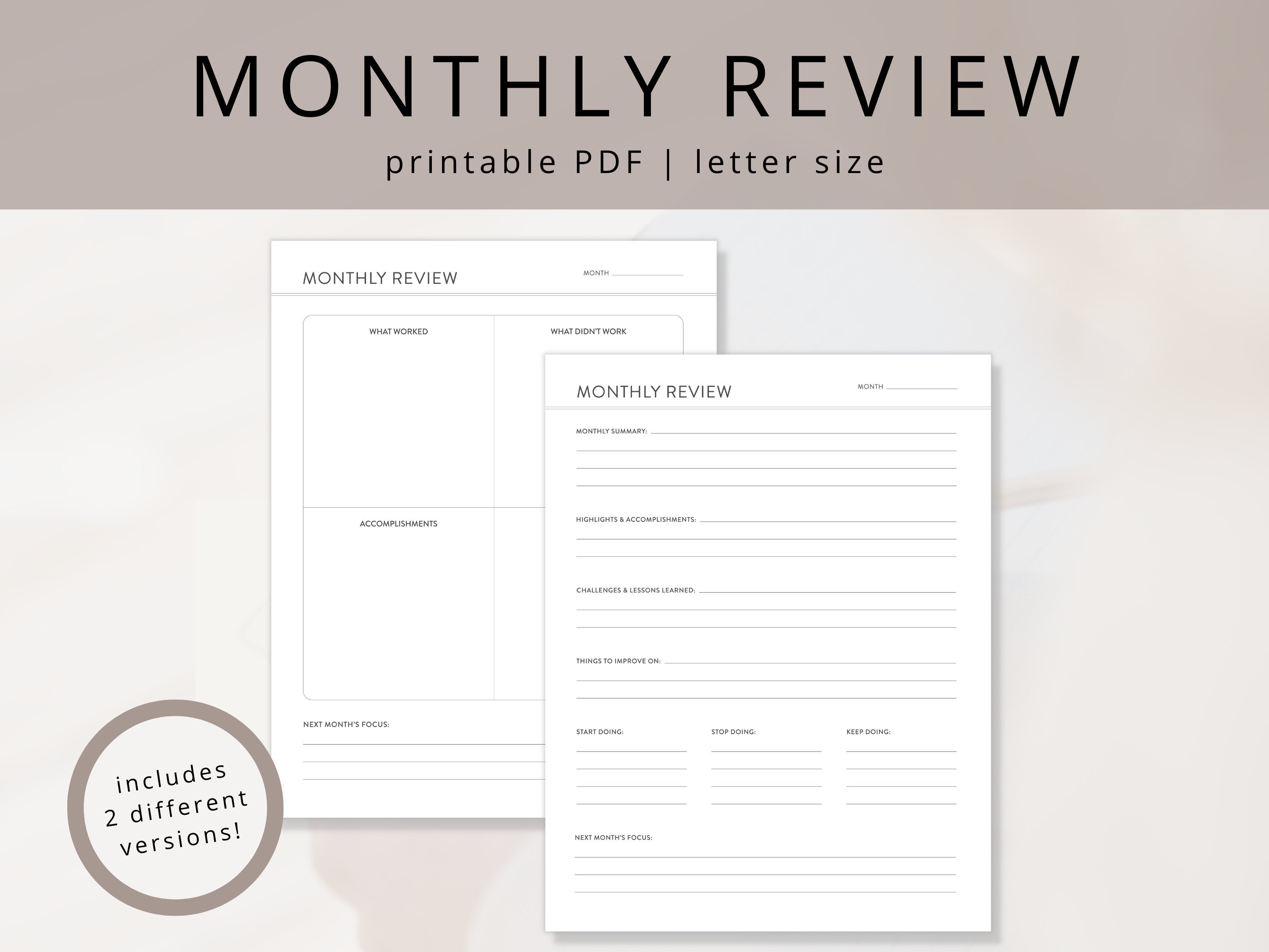 Minimalist Monthly Review PDF Template for Self-improvement ...