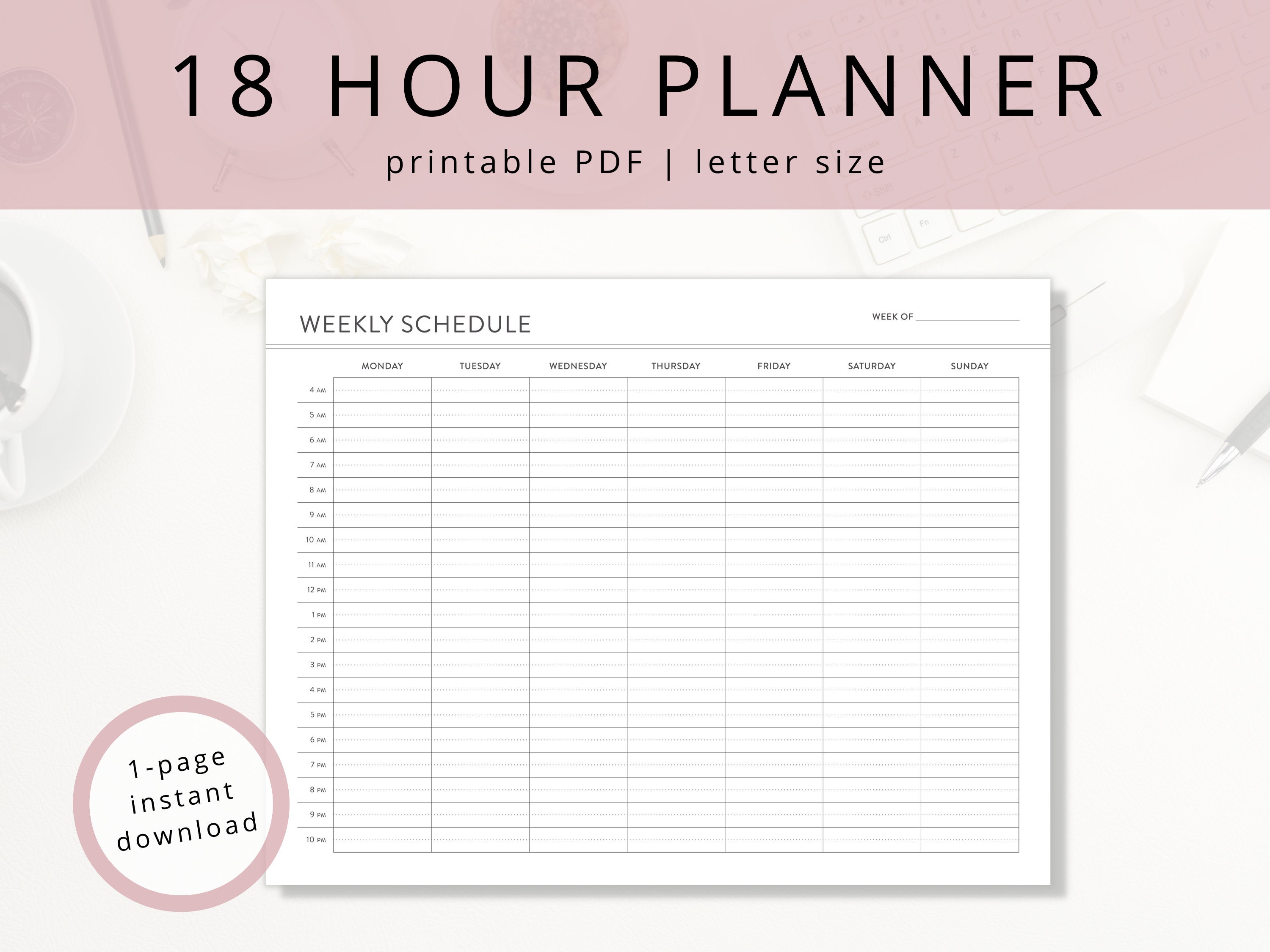 Minimalist Weekly 18 Hour Planner PDF Template for Calendar Blocking ...