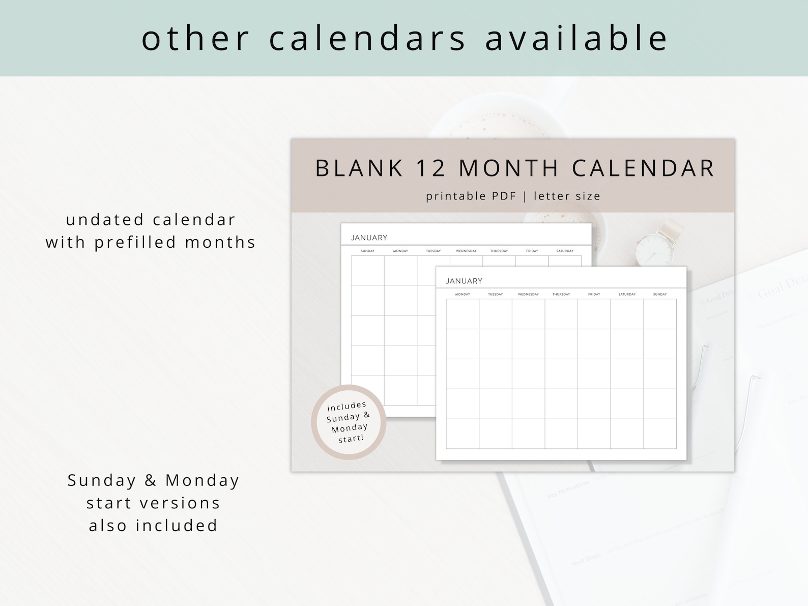 Minimalist Blank Monthly Desk Calendar PDF With Sunday or Monday Start ...