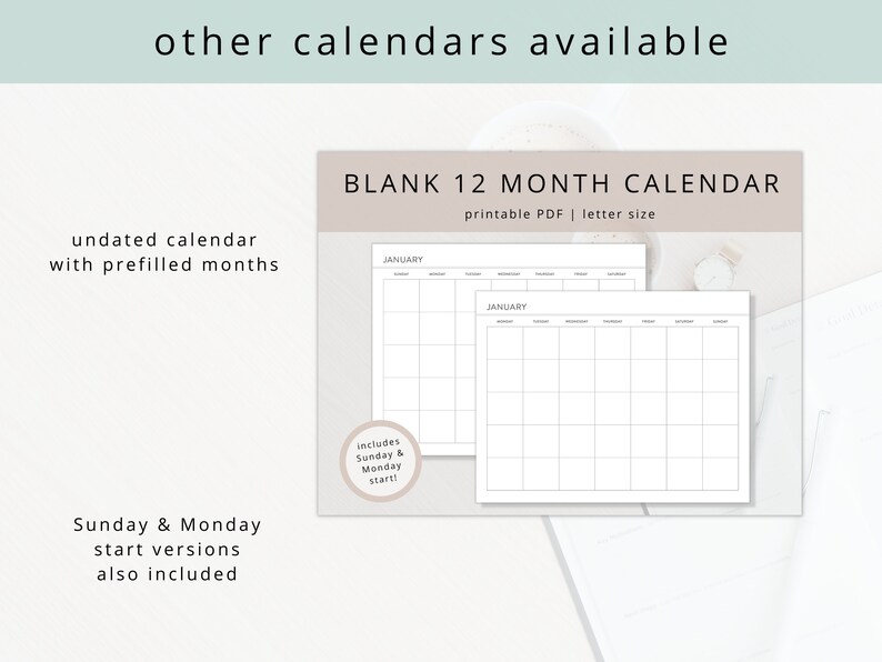 Minimalist Blank Monthly Desk Calendar PDF With Sunday or Monday Start ...