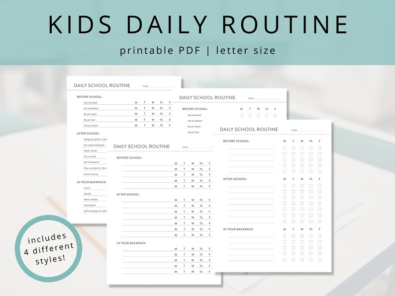 Minimalist Daily School Day Routine PDF Template for Kids, Printable ...