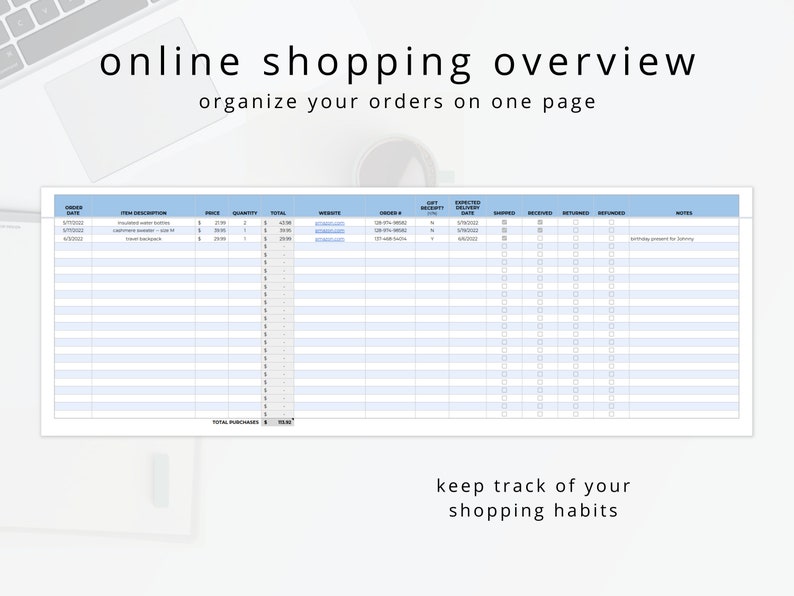 Minimalist Digital Shopping Tracker for Personal Purchases - Etsy
