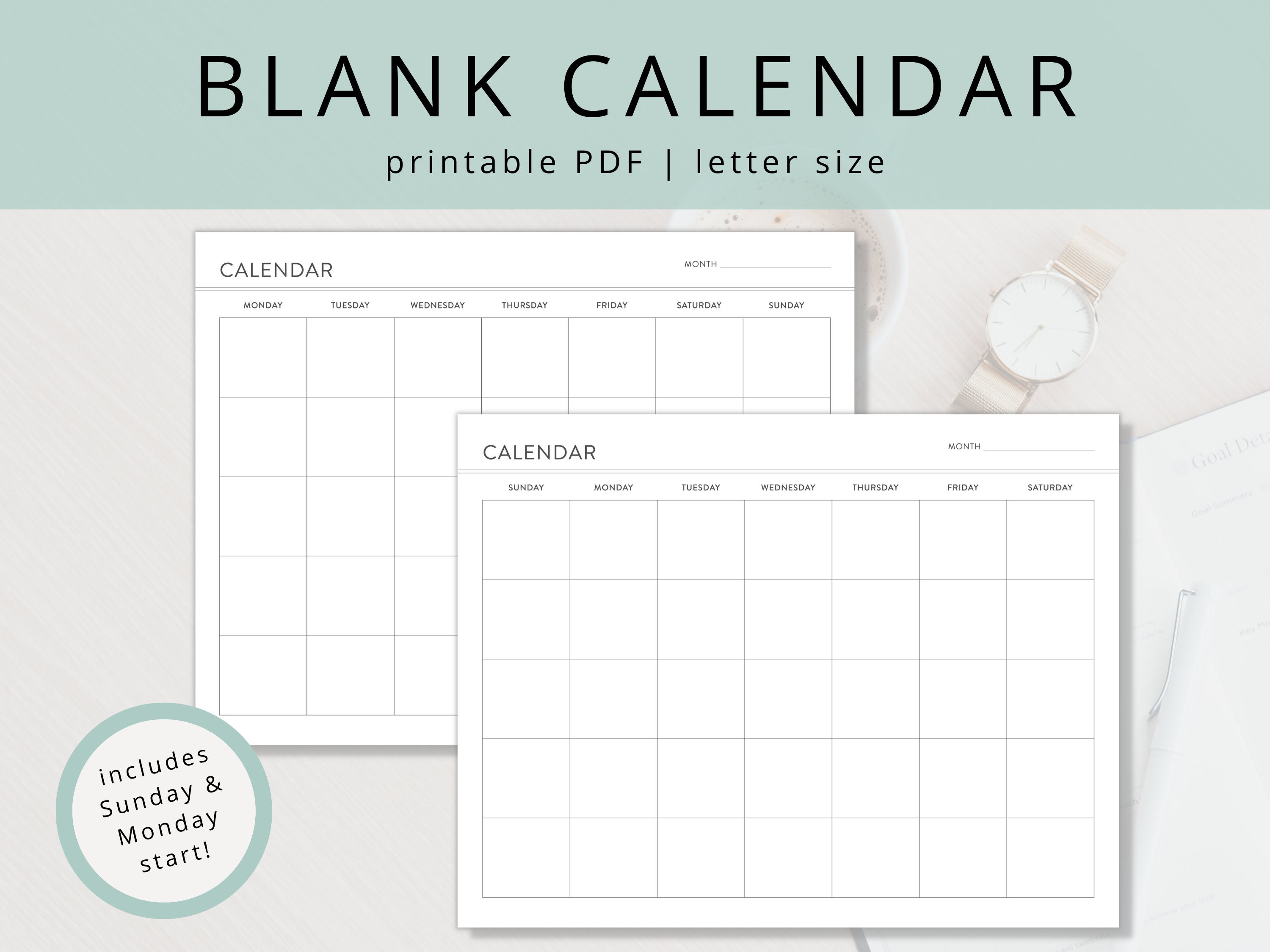 Minimalist Blank Monthly Desk Calendar PDF With Sunday or Monday Start ...