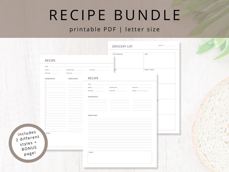 Minimalist Blank Recipe Templates Bundle PDF, Includes Grocery List for ...
