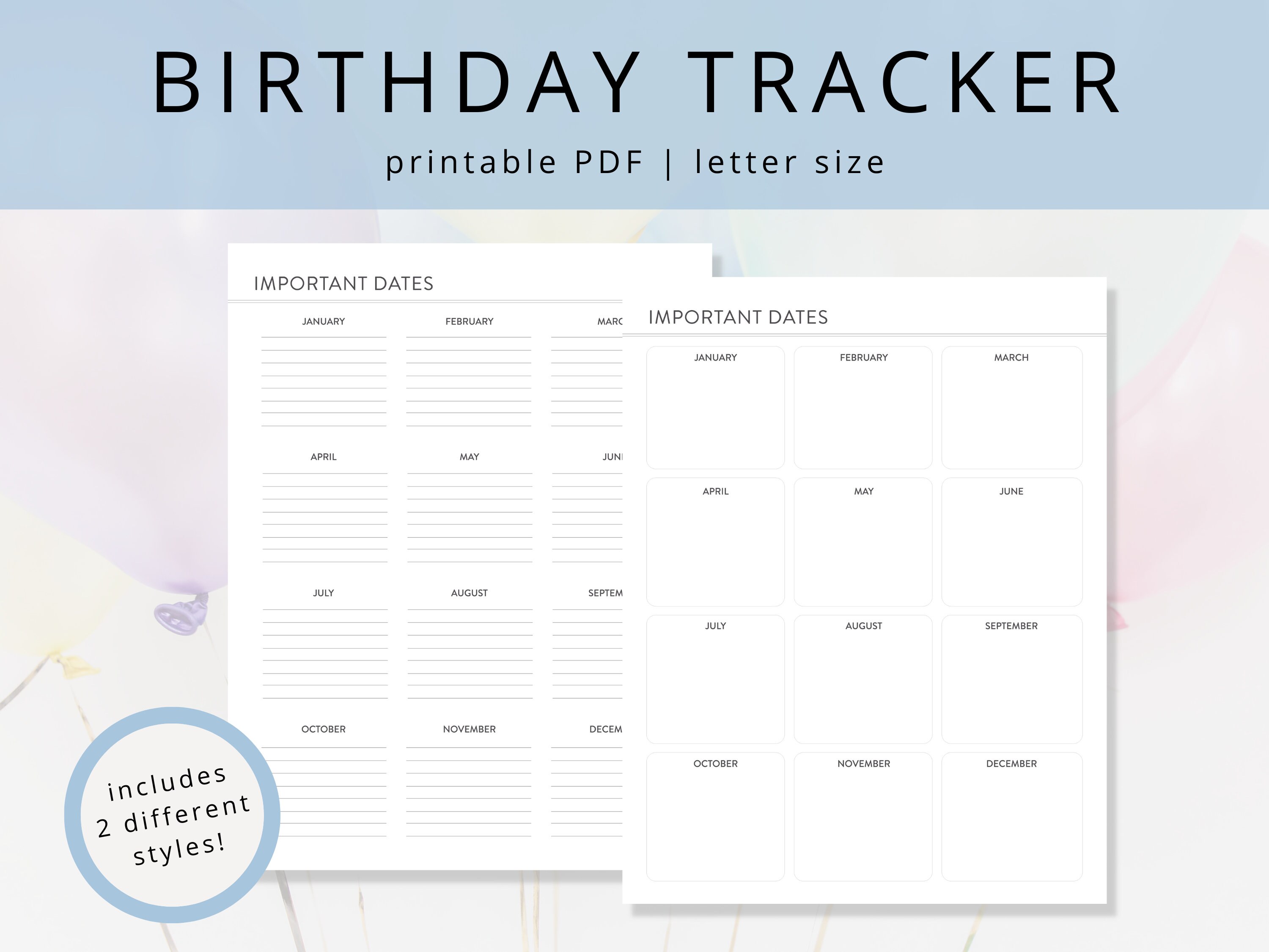 Minimalist Birthday Calendar PDF Template for Remembering Important ...