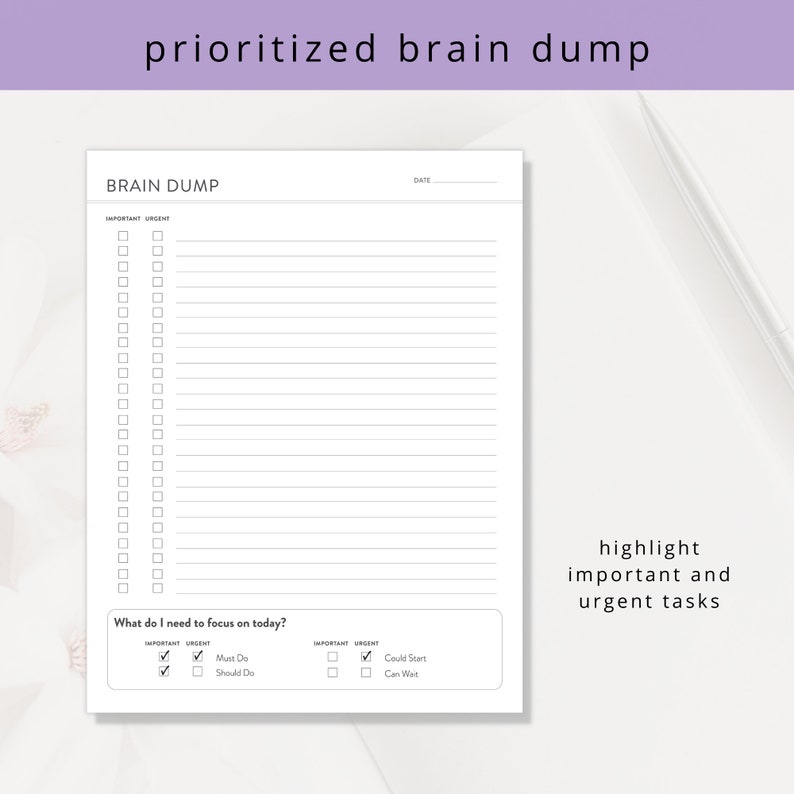 Minimalist Brain Dump PDF Template With Eisenhower Matrix Worksheet ...