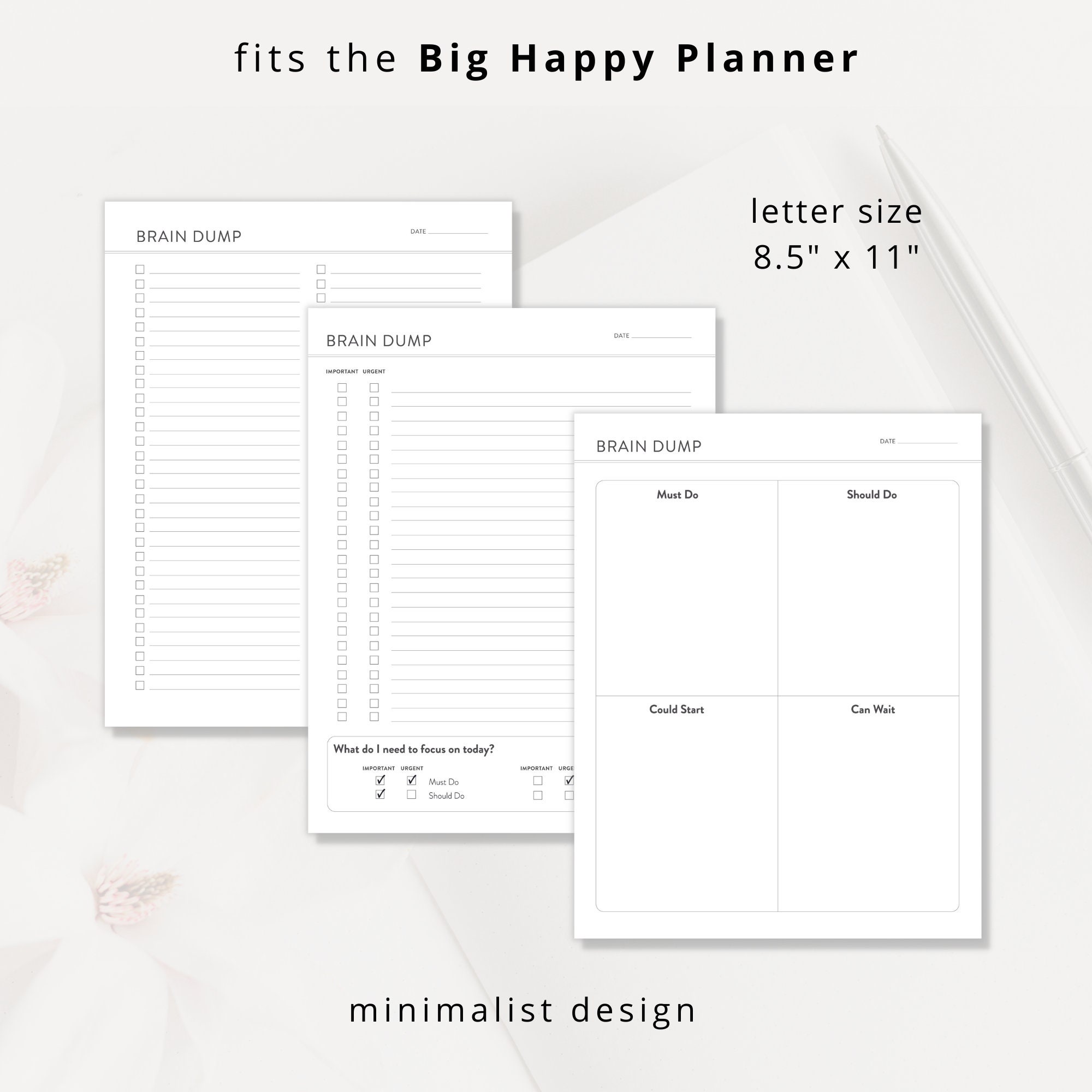 Minimalist Brain Dump PDF Template With Eisenhower Matrix Worksheet ...