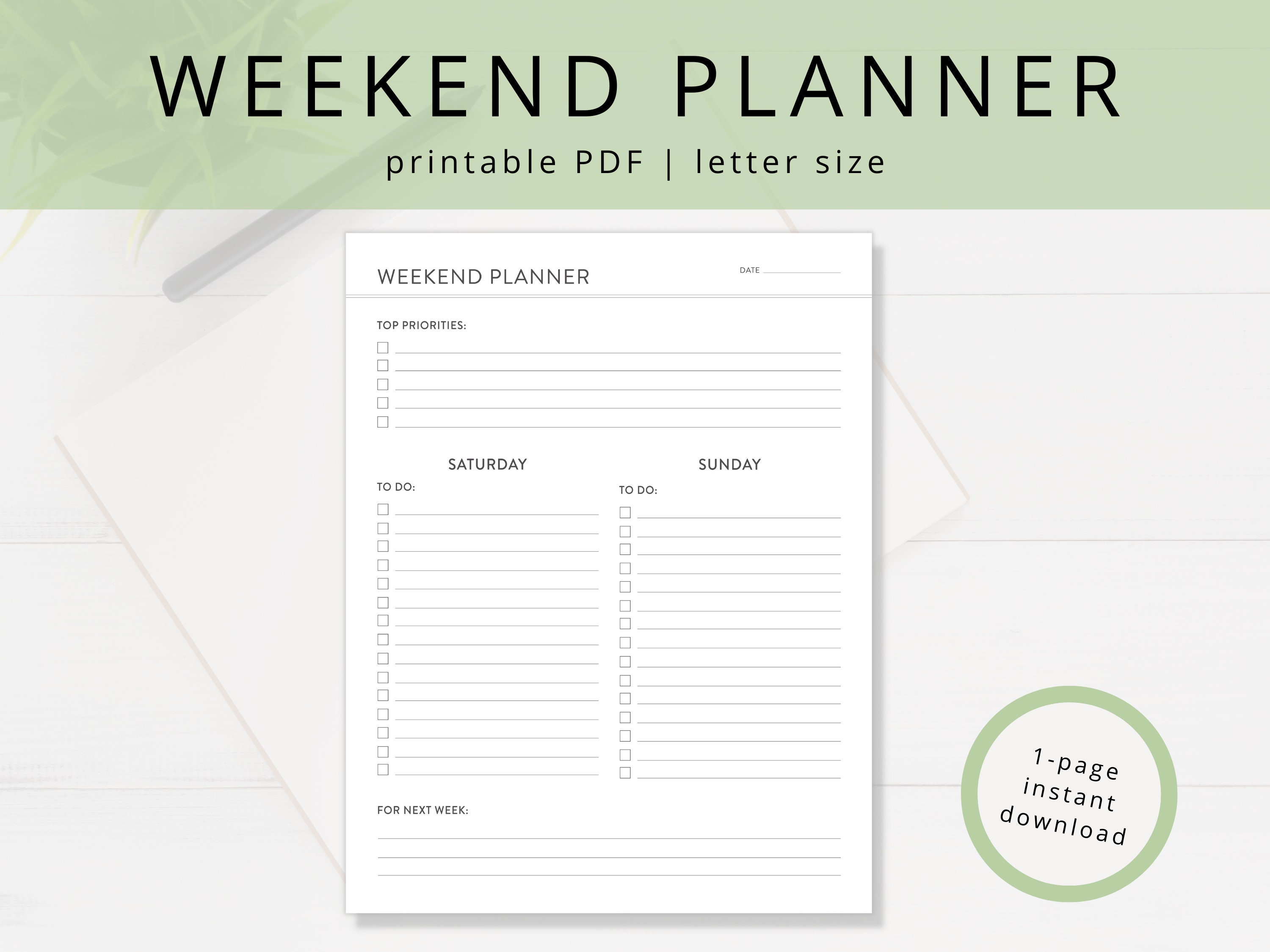 Minimalist Weekend Planner PDF Template for Saturday & Sunday ...