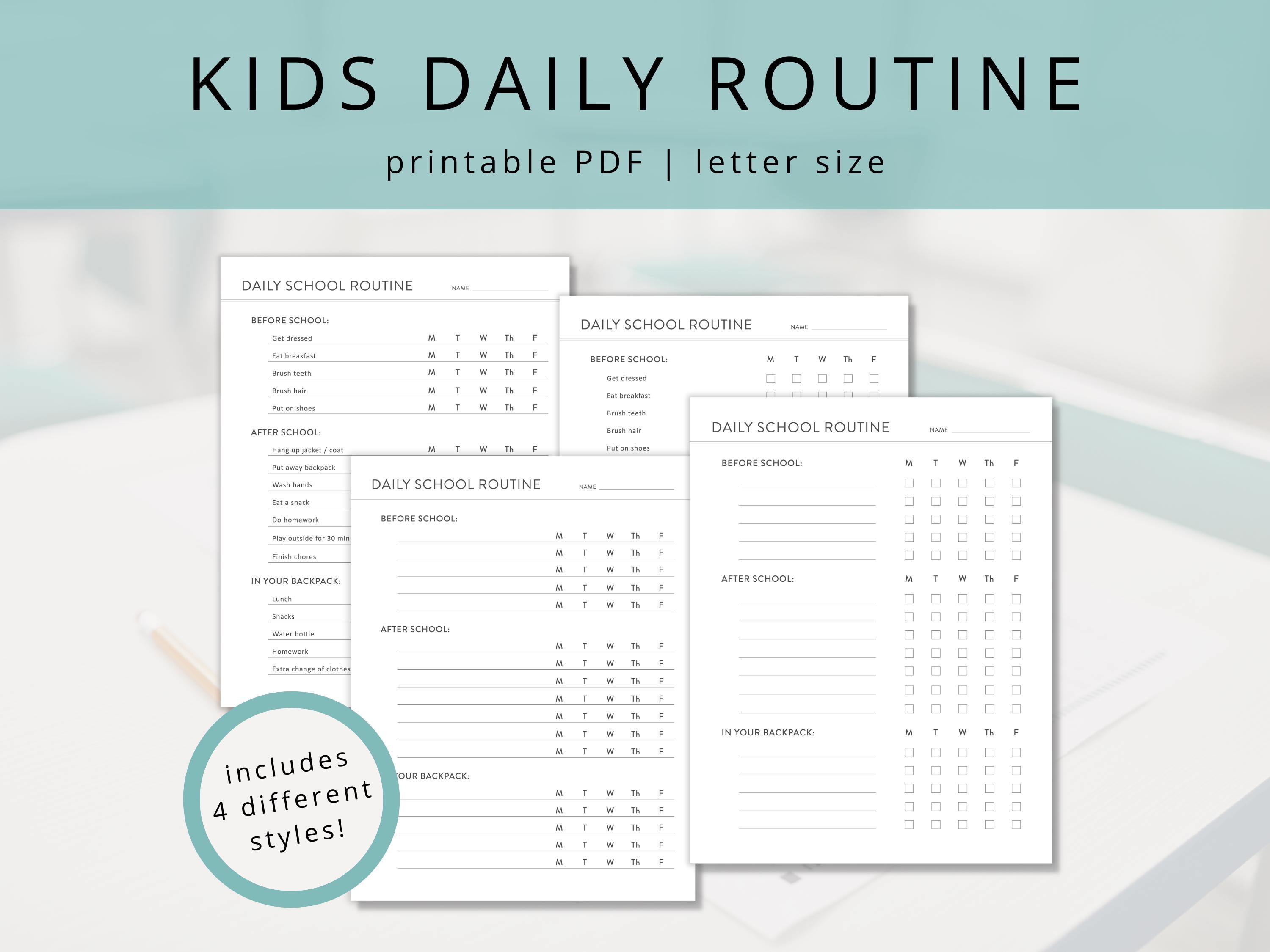 Minimalist Daily School Day Routine PDF Template for Kids, Printable ...