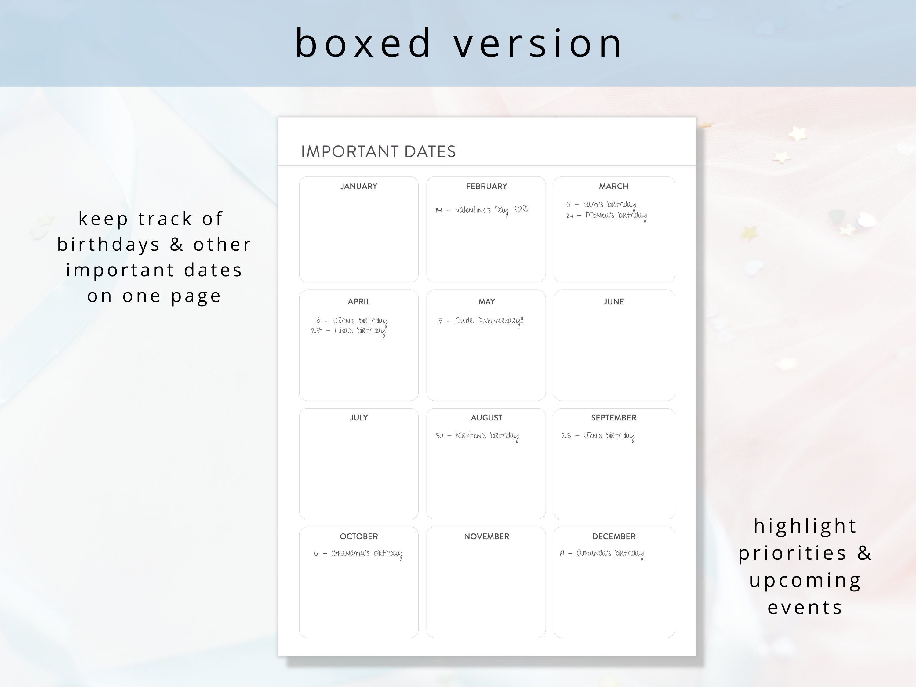 Minimalist Birthday Calendar PDF Template for Remembering Important ...