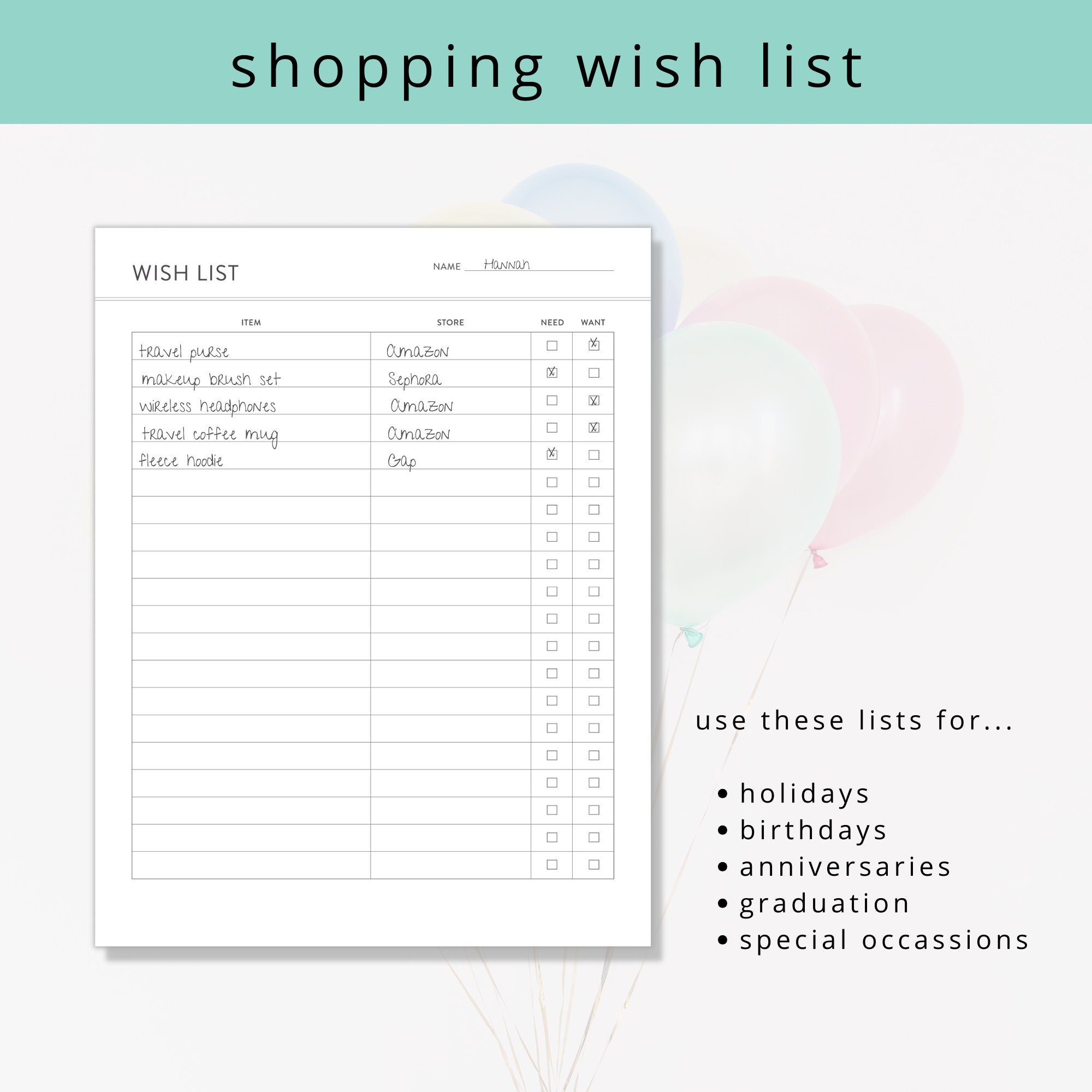 Minimalist Wish List PDF for Gift Giving, Printable Shopping List for ...