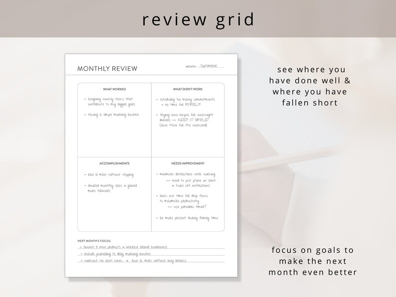 Minimalist Monthly Review PDF Template for Self-improvement ...