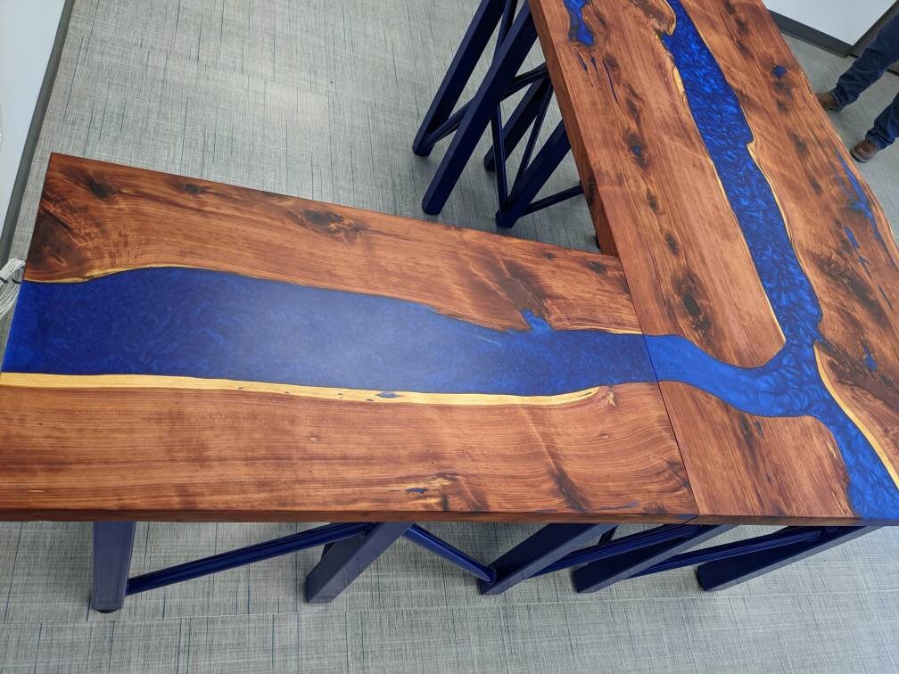 L shape desk cedar resin river desktop, live edge, epoxy, reception ...