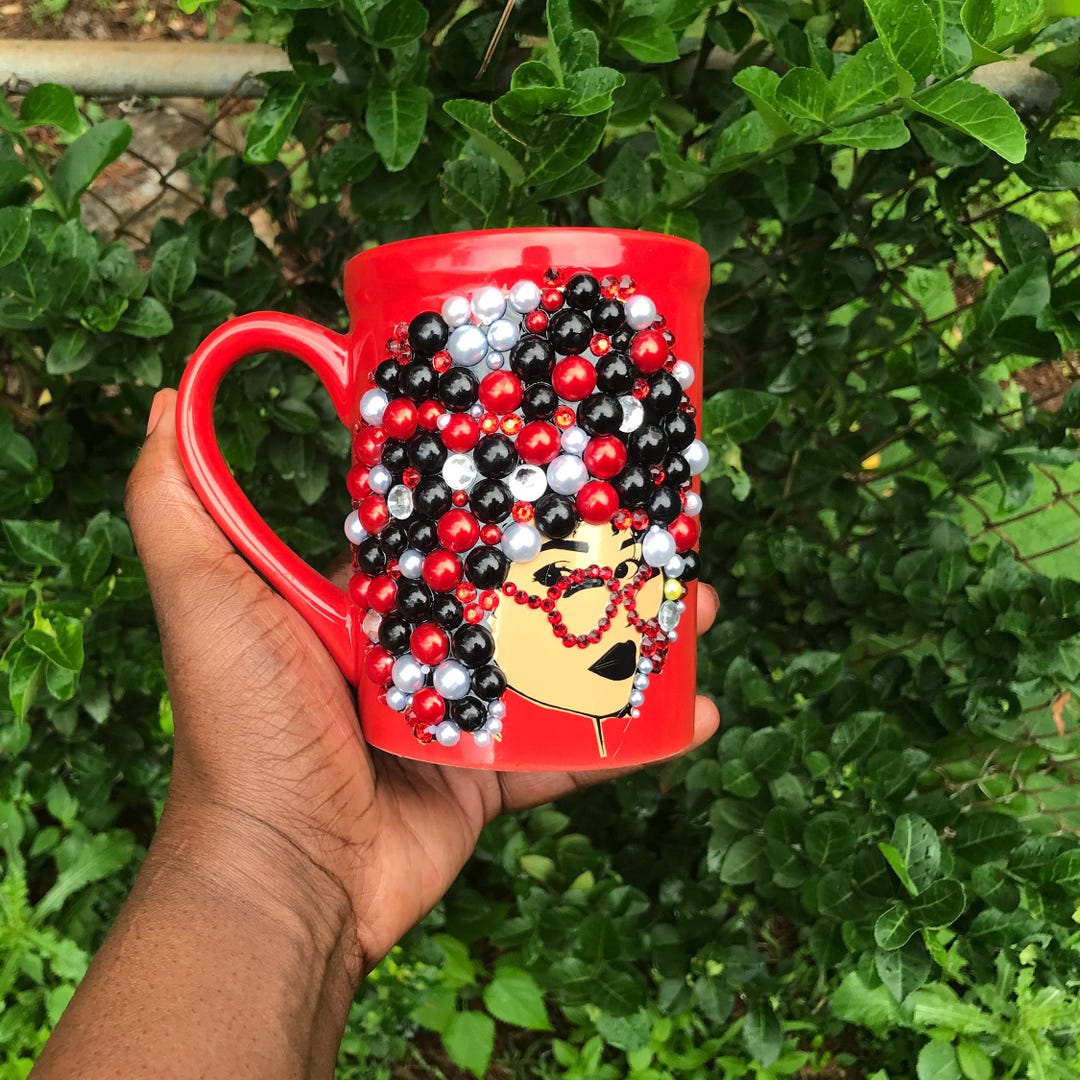Afro Woman Bling Mugs, Bedazzled Mugs, Afro Bling Coffee Mug, Beaded ...