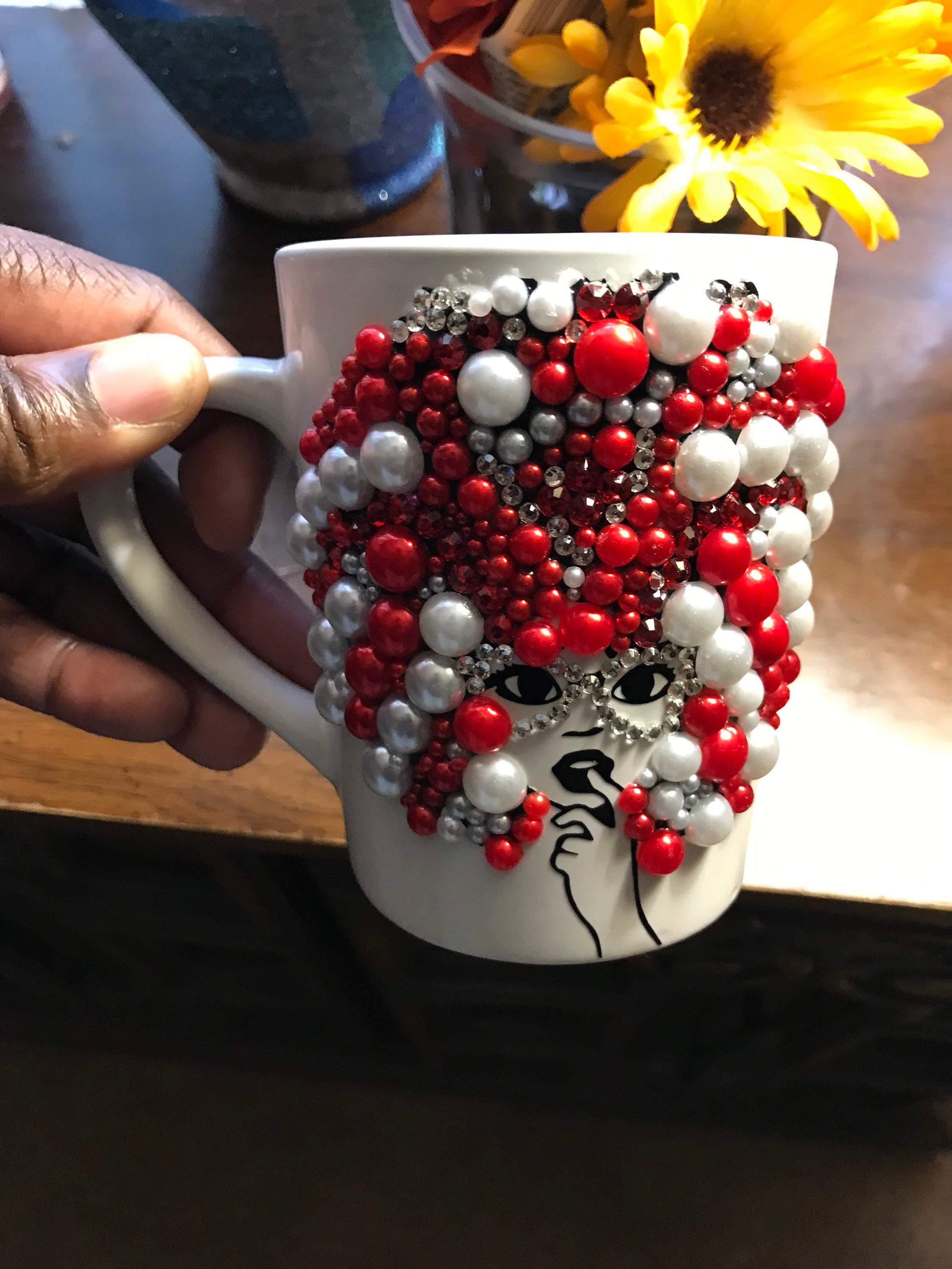 Beaded Pearl Rhinestone Mug, Handmade 3D Decorated Drinkware, Coffee ...