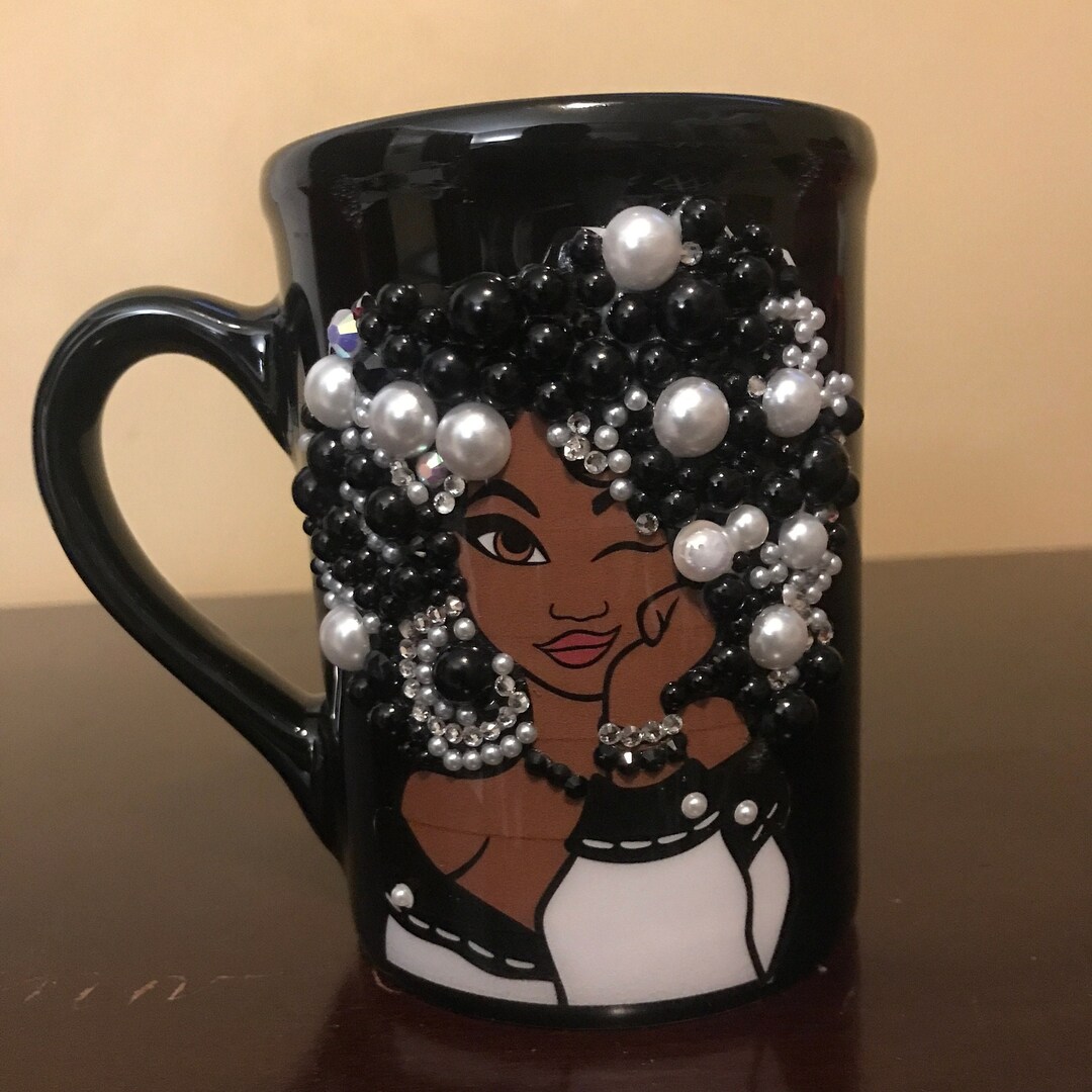 Bling Coffee Mug, Afro Beaded Mug, Personalized Rhinestone Mug, Black ...