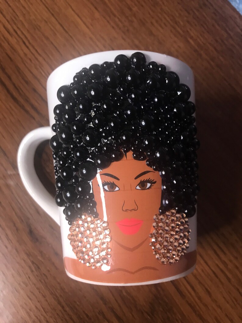 Bling Afro Woman Coffee Mugsbeaded Bedazzled Coffee Mugs | Etsy