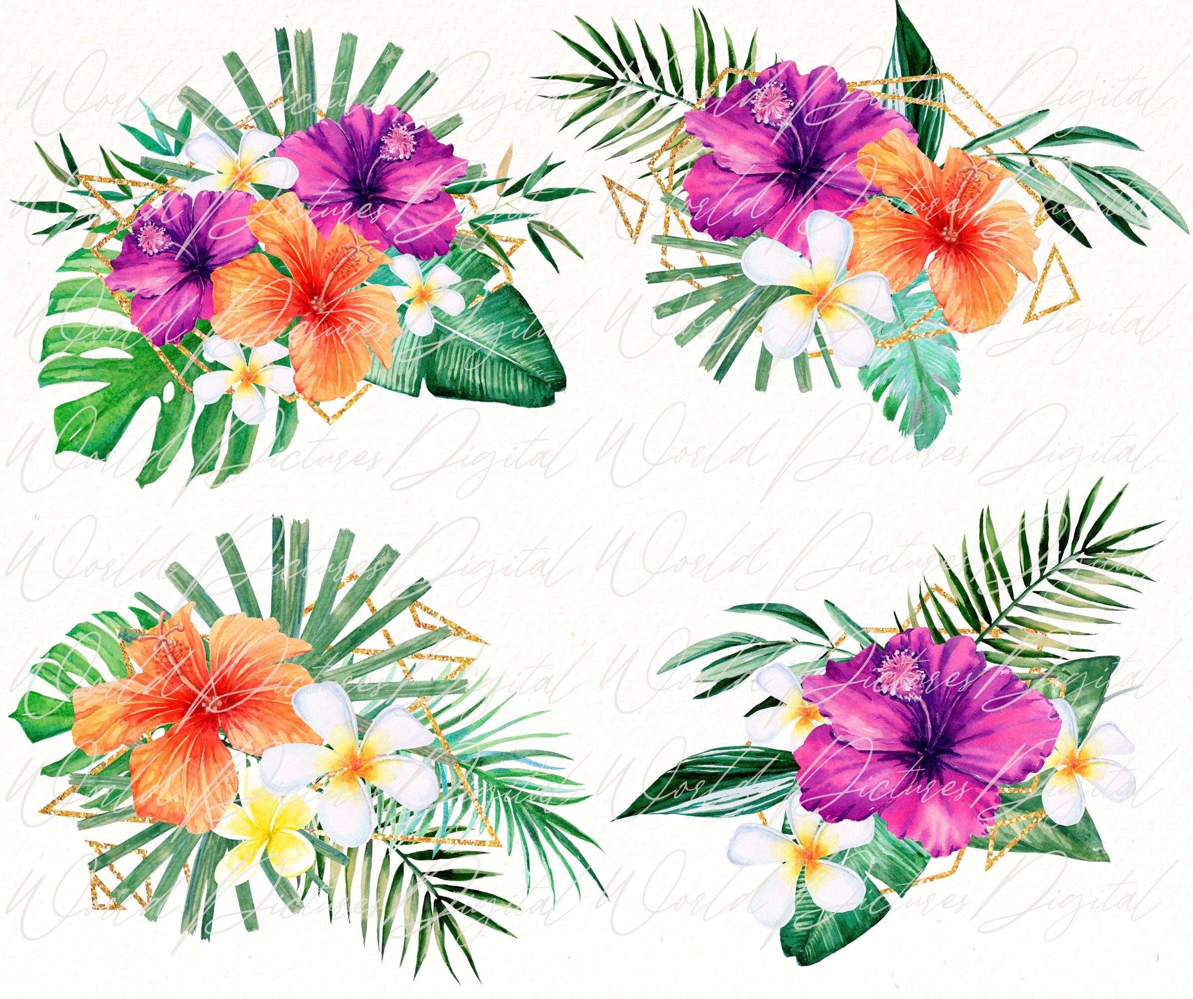 Watercolor tropical floral bouquet clipart. Gold geometric | Etsy