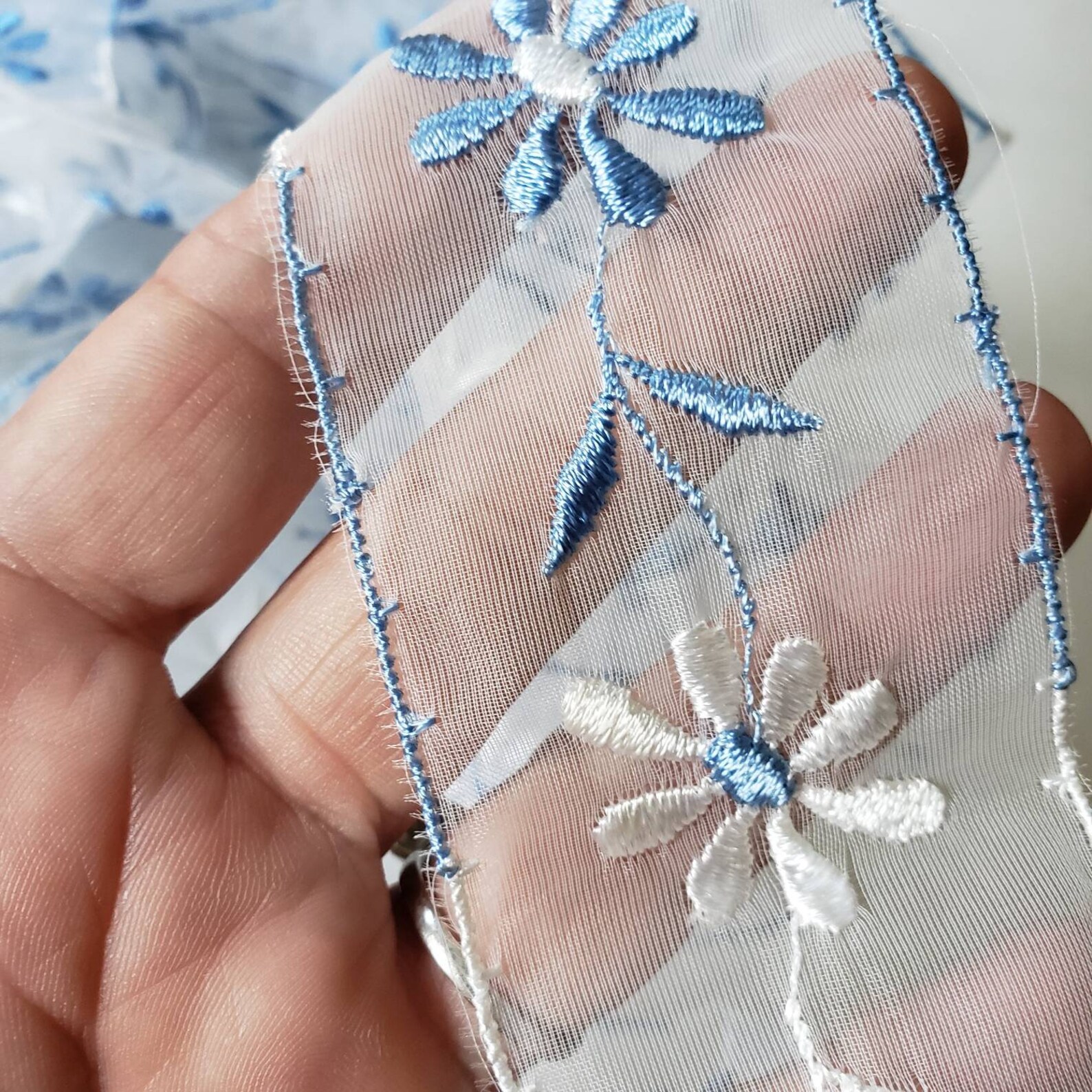Vintage Organza Blue and White Embroidered Daisy Chain Ribbon, Sewing ...