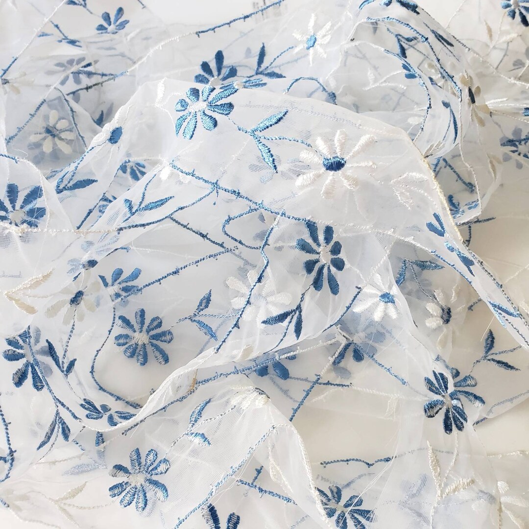 Vintage Organza Blue and White Embroidered Daisy Chain Ribbon, Sewing ...