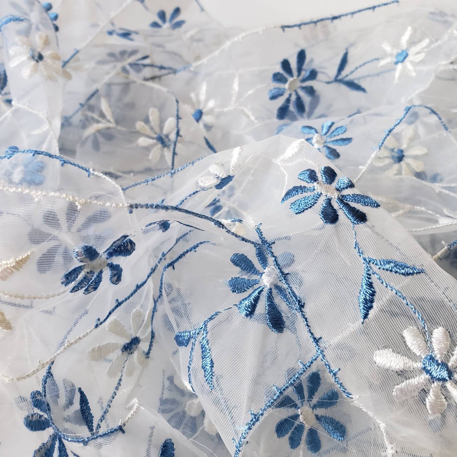 Vintage Organza Blue and White Embroidered Daisy Chain Ribbon, Sewing ...