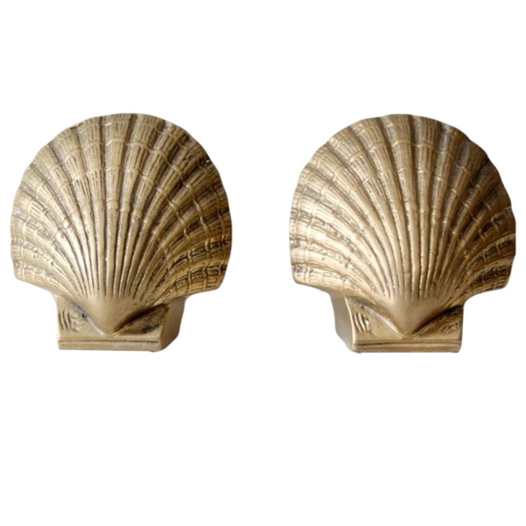 Vintage Solid Brass Scallop Seashell Weighted Bookends MCM Made in USA ...