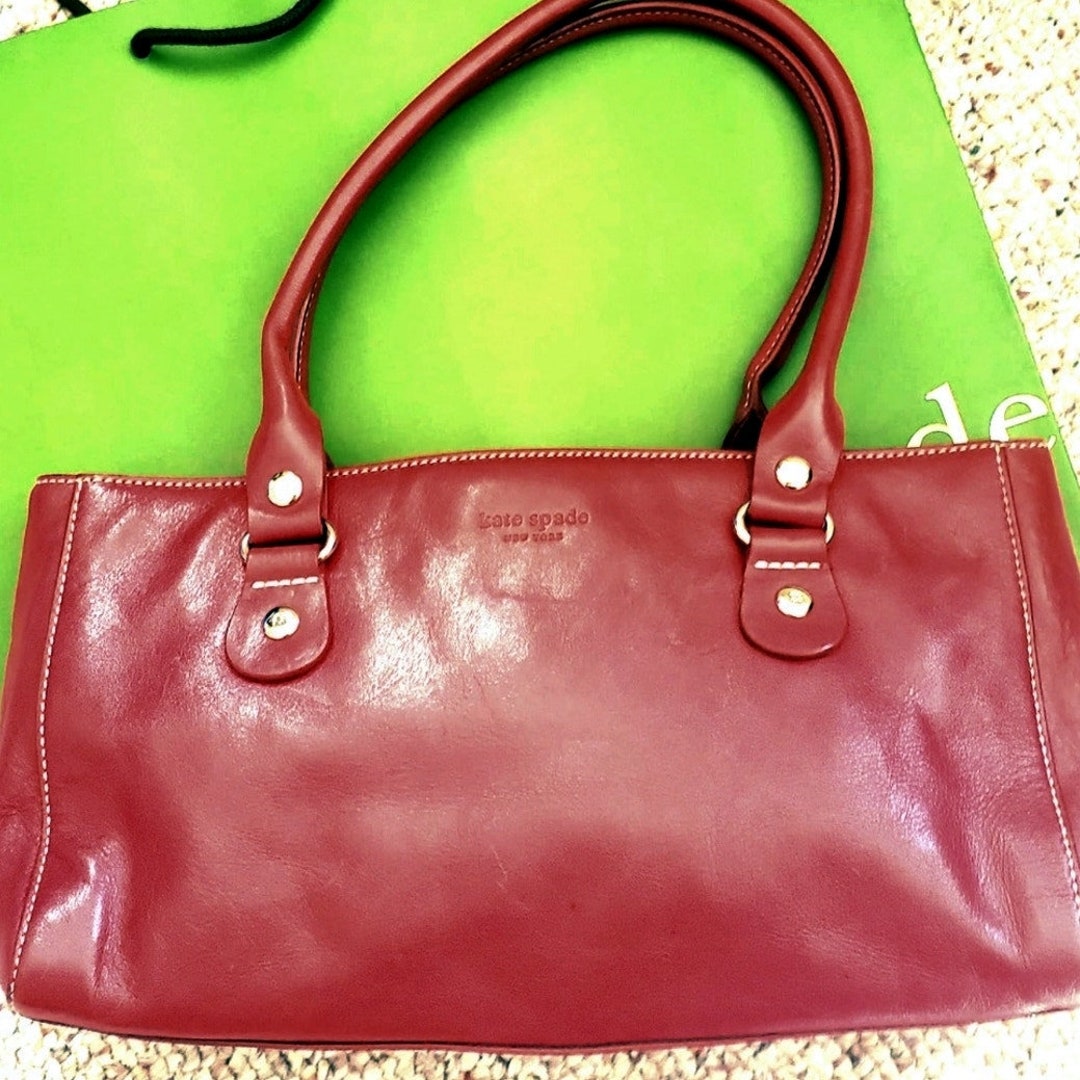 KATE SPADE Vintage Red Leather Hand Bag Two Handle Snap Closer Polka ...