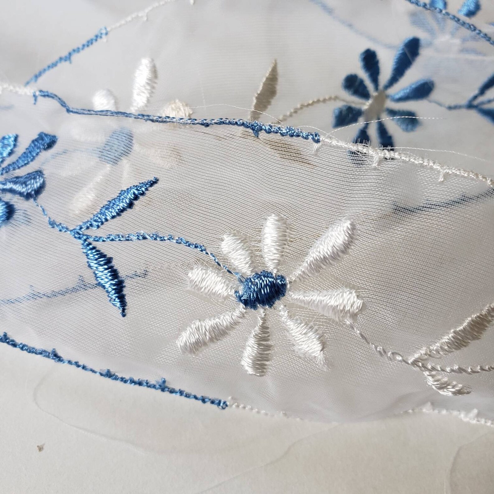 Vintage Organza Blue and White Embroidered Daisy Chain Ribbon, Sewing ...