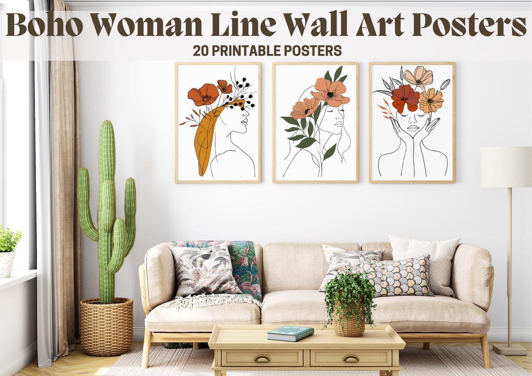 20 Boho Woman Modern Line Art Wall Poster Bundle | Minimalist Abstract ...
