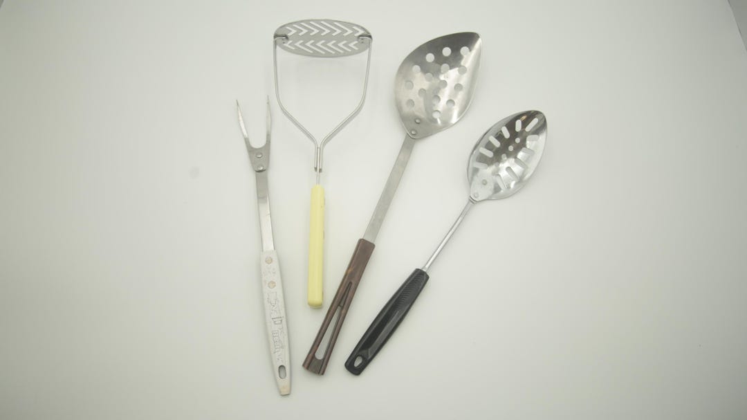 1970s Utensils I Potato Masher I Serving Fork Meat Fork I Slotted ...