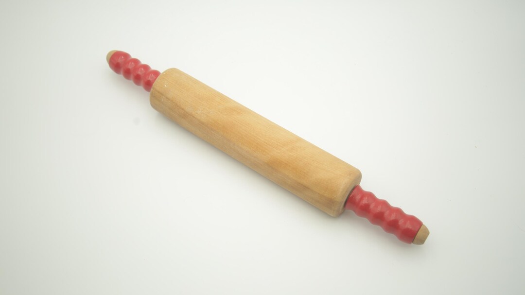 Large Vintage Wood Rolling Pin I Red Handle Wood Rolling Pin I 1950 ...
