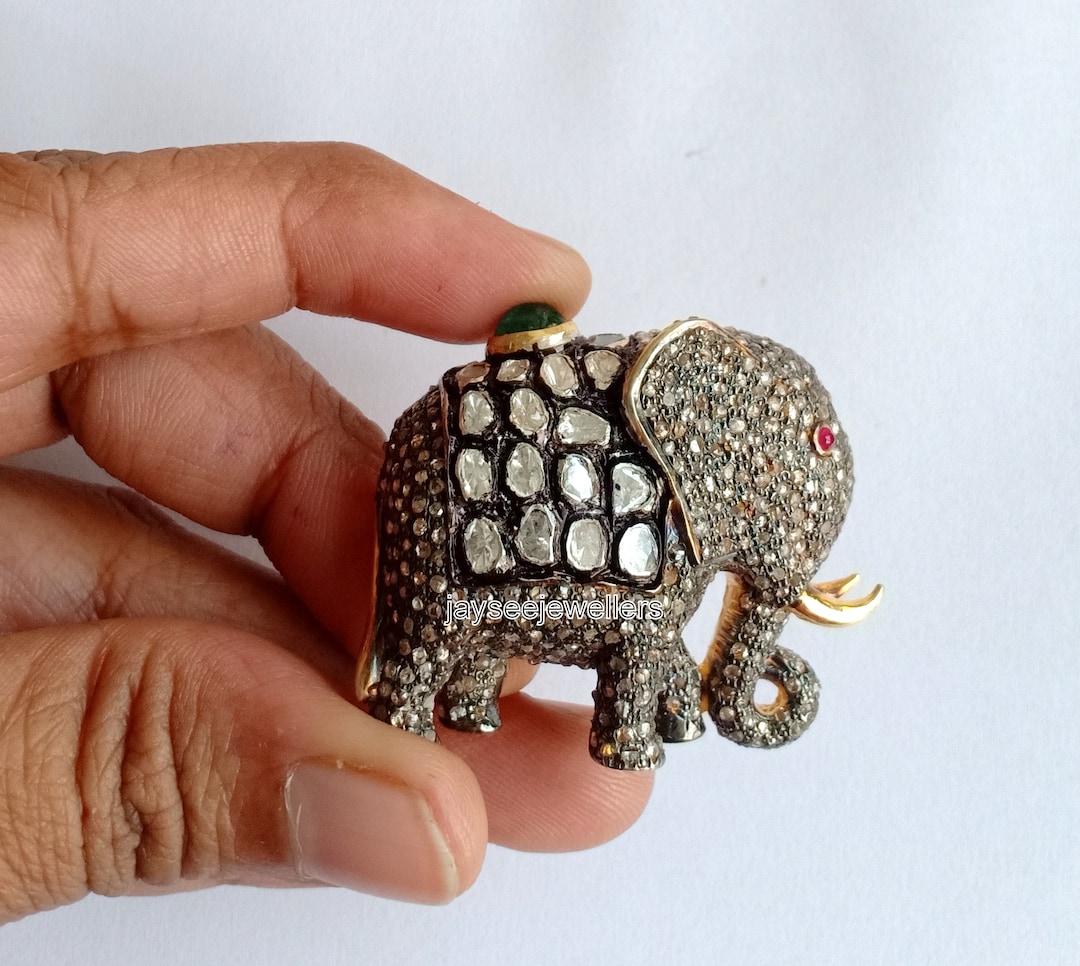 Elephant Pendant Necklace Natural Rose Cut Diamond Uncut Polki Diamond ...