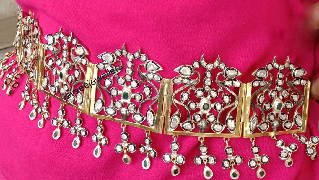 High Quality Polki Diamond Chain Belt Emerald Gems Belt 925 Solid ...