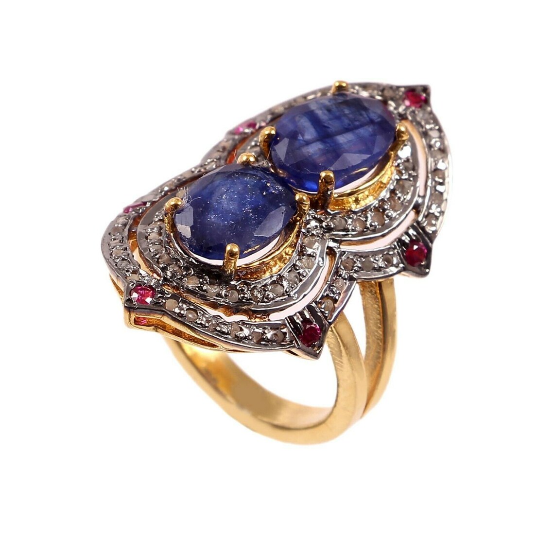 Natural Blue Sapphire & Ruby Gemstone Ring Pave Diamond 925 | Etsy