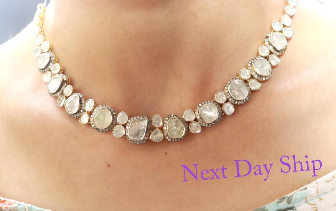 Polki Diamond Necklace, Single Cut Diamond, 925 Sterling Silver - Etsy