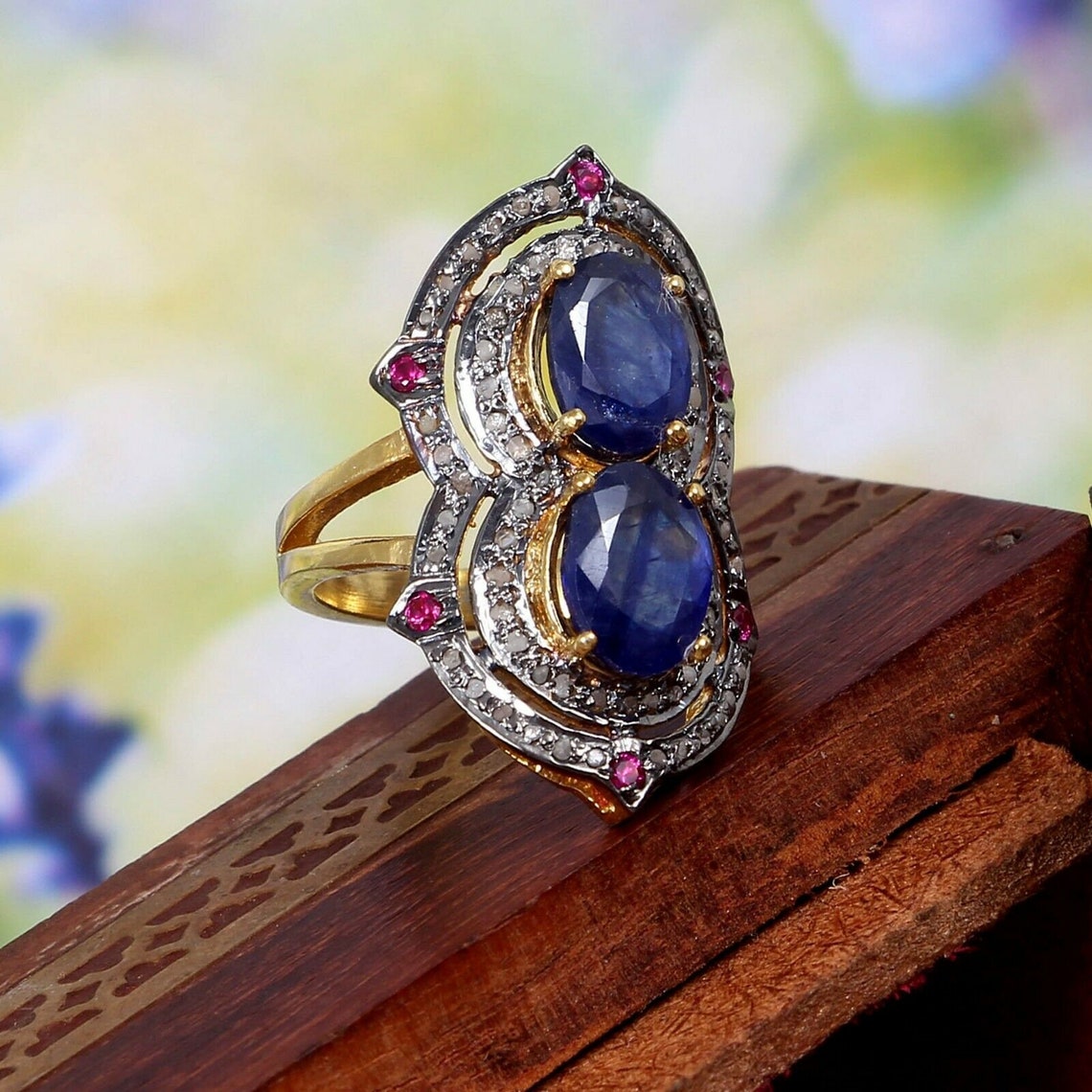 Natural Blue Sapphire & Ruby Gemstone Ring Pave Diamond 925 | Etsy