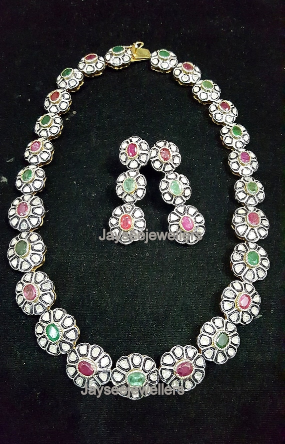 Polki Diamond Jewelry Polki Diamond Necklace Natural Emerald & - Etsy