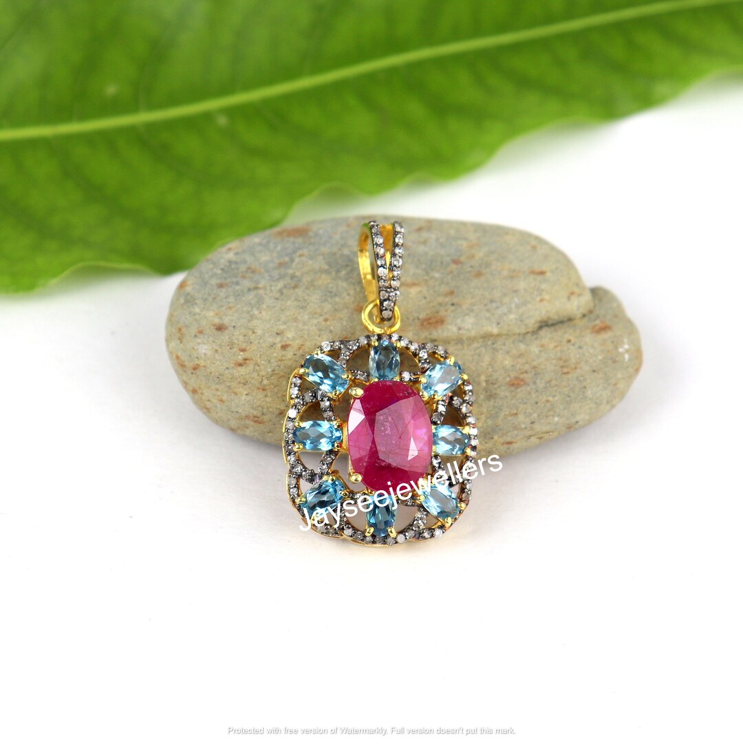 Real Ruby Gemstone Pendant, Blue Topaz Diamond Pendant, Anniversary ...